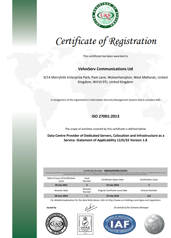 VeloxServ Completes UKAS ISO 9001 and 27001 Audits